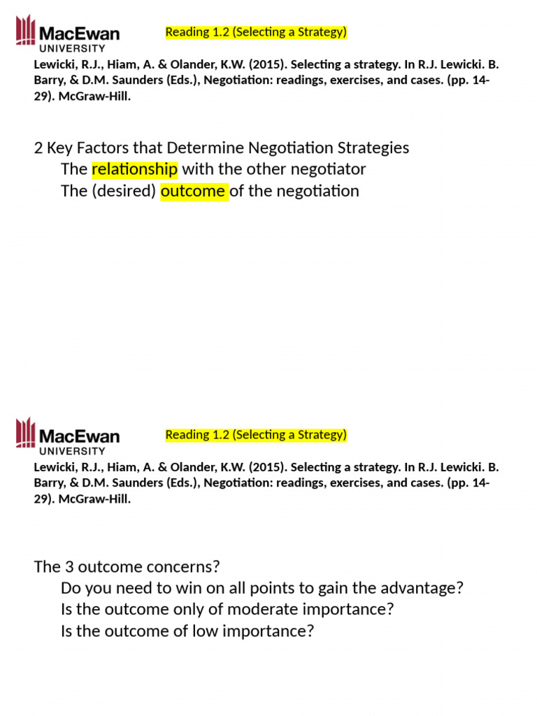 Reading 1.2 Selecting a Strategy (Slides) | PDF | Negotiation | Psychological Concepts