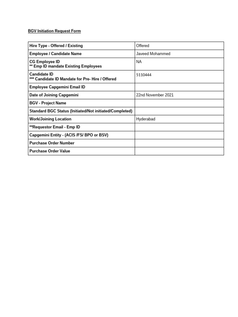 MyConnect BGV Initiation Request Form | PDF