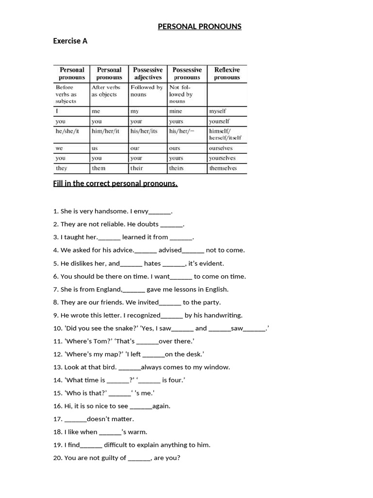 Pronouns Grammar Drills - 12241 | PDF