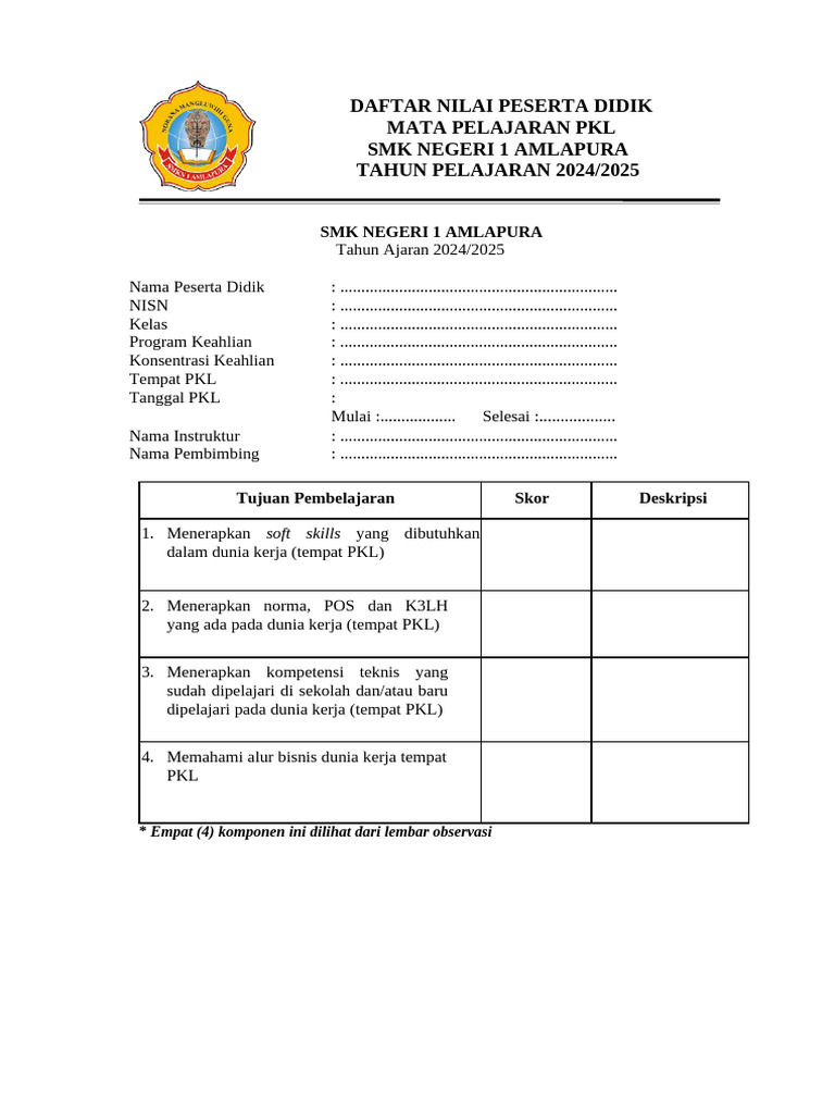 Daftar Nilai PKL | PDF