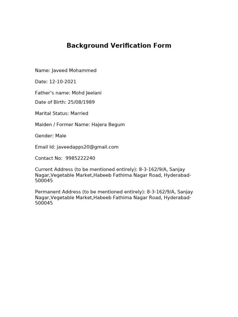 Background Verification Form V1.1 | PDF