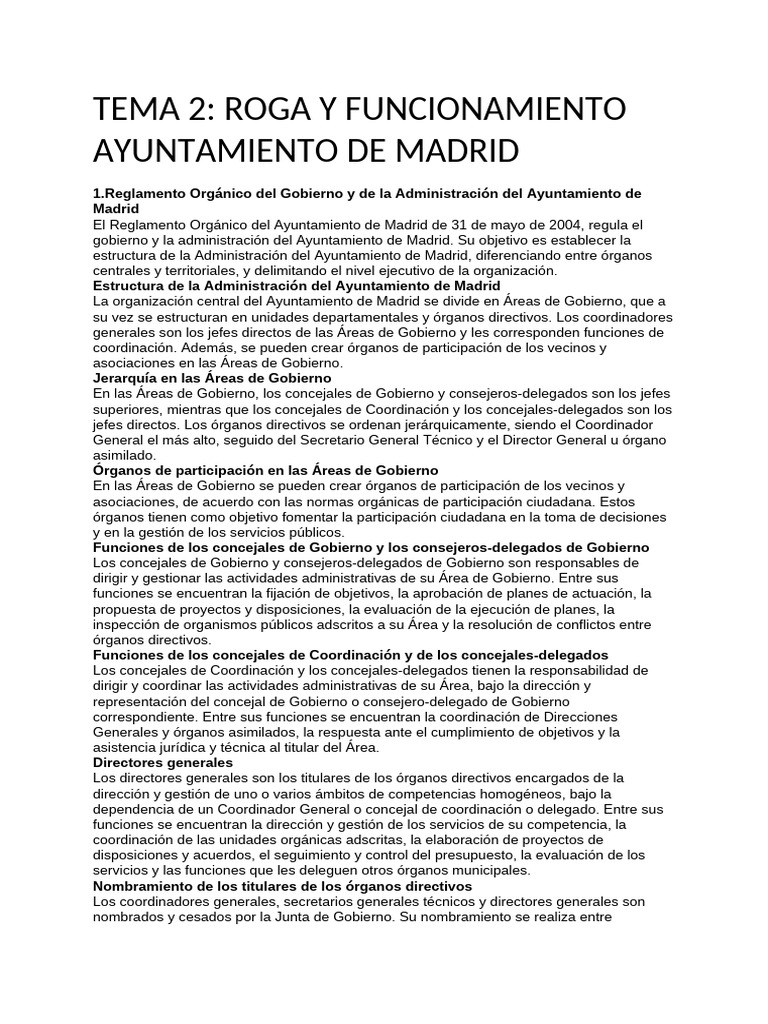 Tema 2 Roga y Funciontamiento Ayto Madrid | PDF | Alcalde | Gobierno local