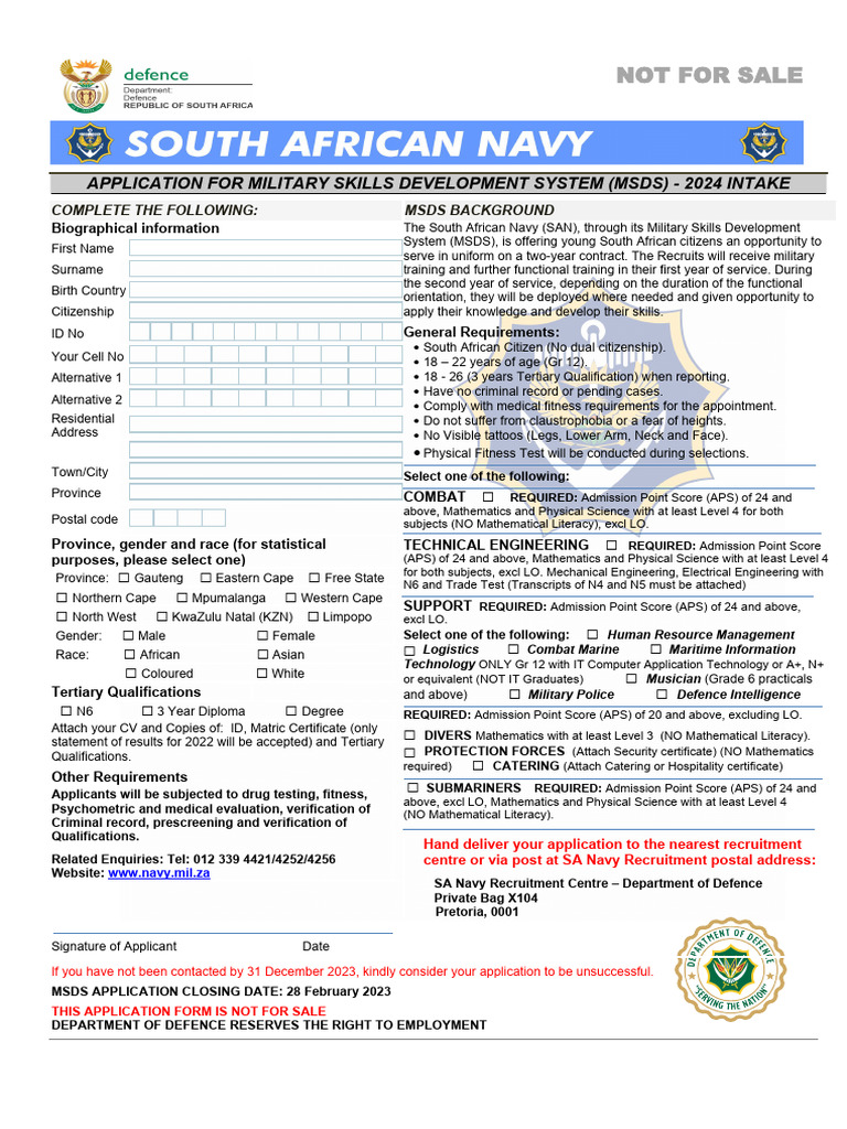 SA Navy MSDS Application 2023 | PDF
