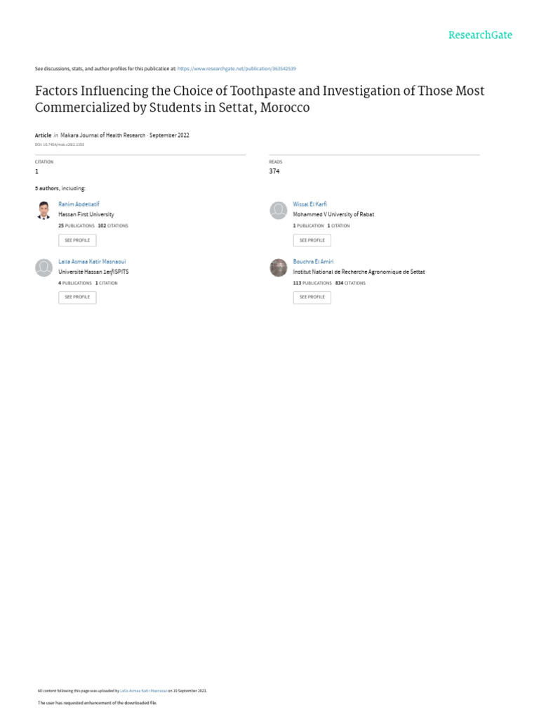 Toothpaste Choices in Settat Students | PDF