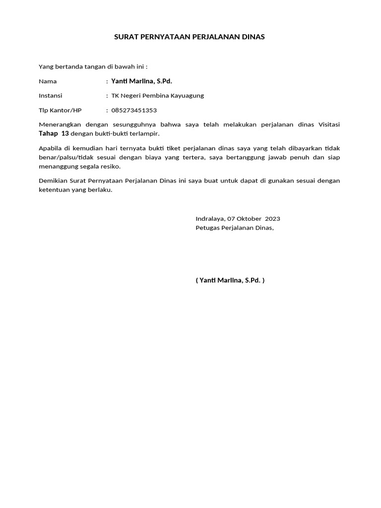 Surat Pernyataan Perjalanan Dinas | PDF