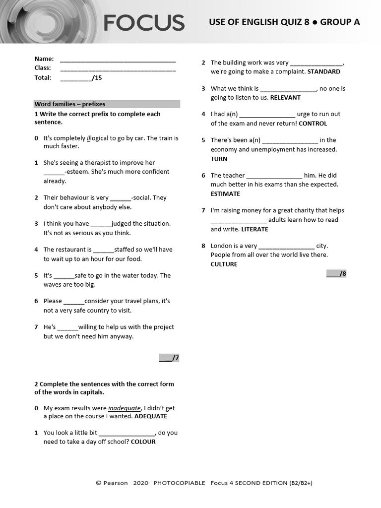 Focus4 2E UoE Quiz Unit8 GroupA | PDF