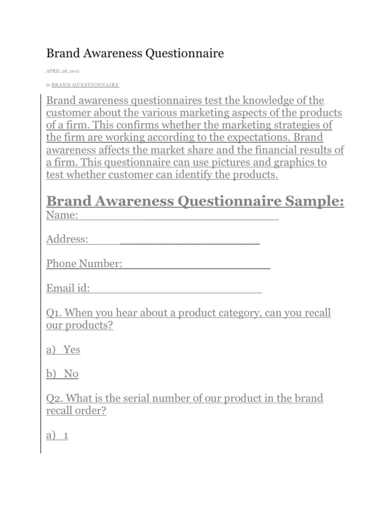 Brand Awareness Questionnaire Template | PDF | Brand | Marketing