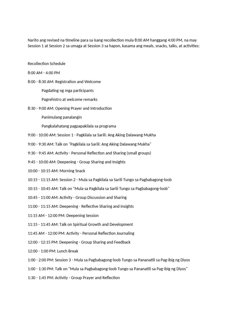 Recollection Schedule: Daily Timeline | PDF