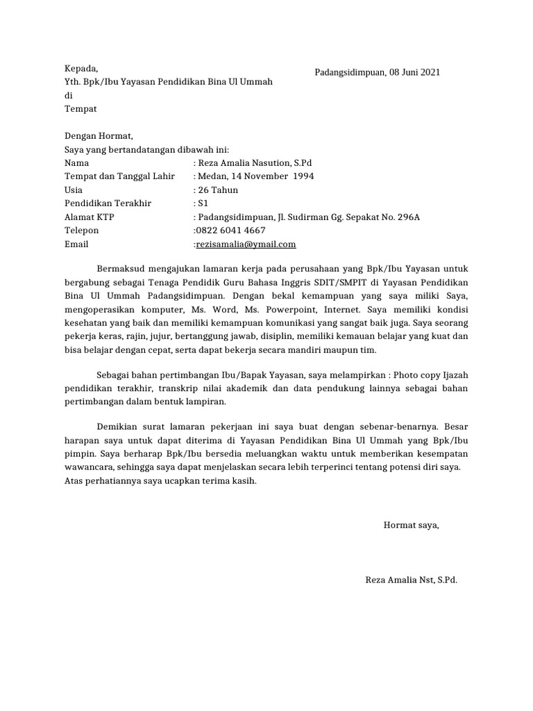 Surat Lamaran Reza Amalia Nst | PDF