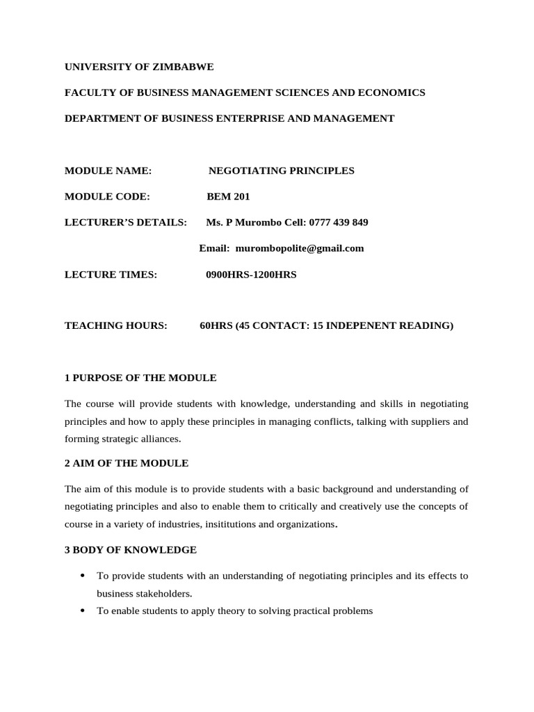 Negotiating Principles Bem 201 Module Outline | PDF | Negotiation | Social Psychology