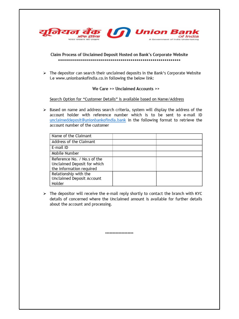 Unclaimed Deposit Claim Form | PDF
