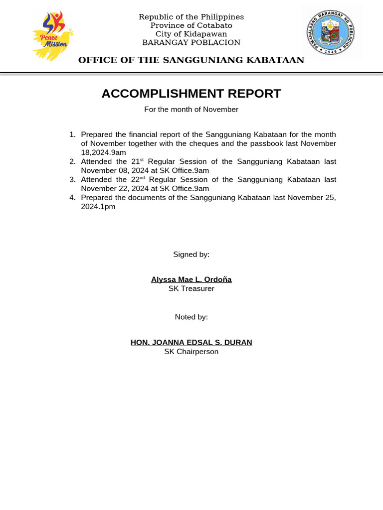 SK November Accomplishment Report | PDF