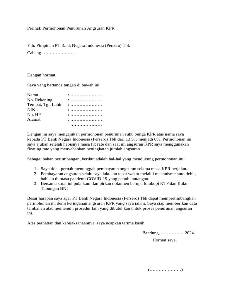 Permohonan Penurunan Suku Bunga KPR | PDF