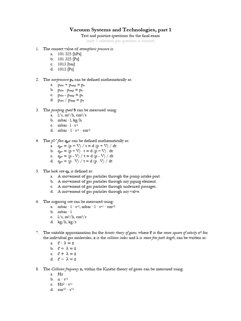 Vacuum Systems Exam Questions Part 1 | PDF | Pressure Measurement | Pump