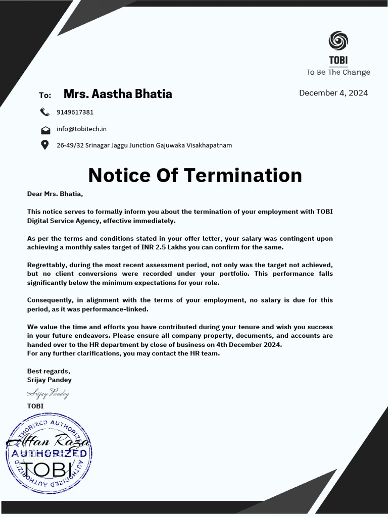 Employment Termination Notice for Mrs. Bhatia | PDF