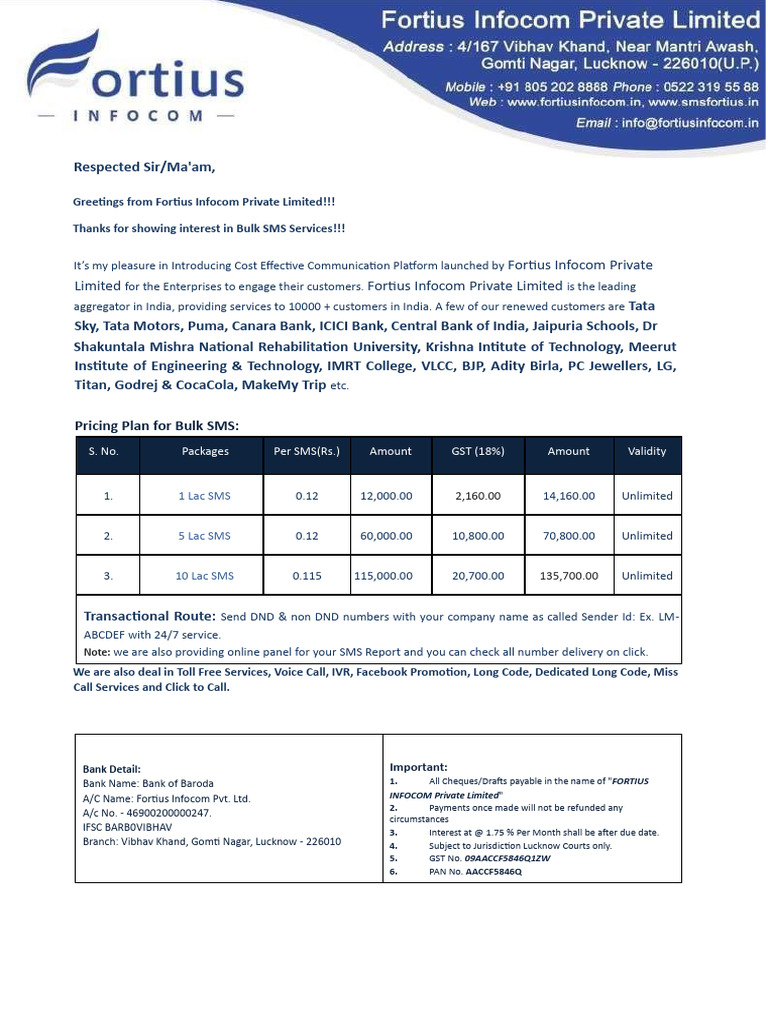 Bulk SMS Proposal - 04jan2025 | PDF | Service Industries