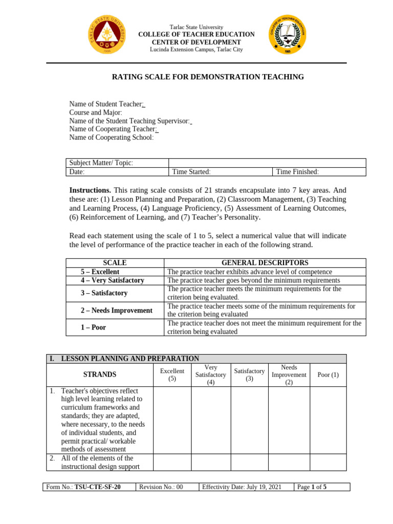 Rating Scale For Demonstration Teaching | PDF | Teachers | Learning
