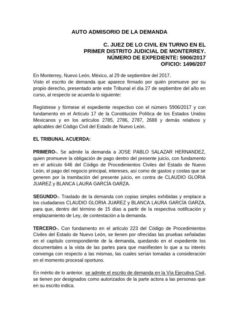 Admisión de Demanda Civil en Monterrey | PDF | Demanda judicial | Justicia