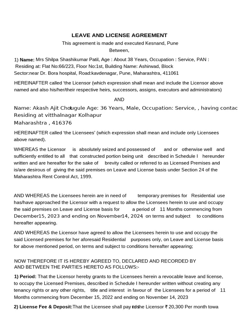 Leave and License Agreement for Pune Unit | PDF | License | Landlord
