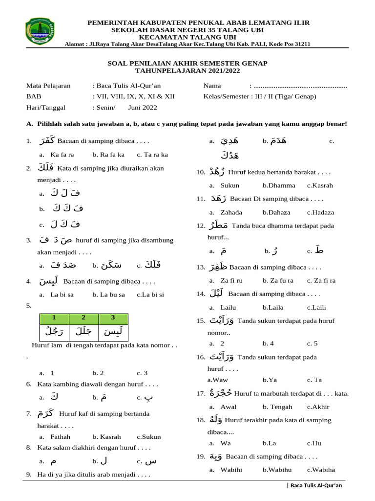 Soal Akhir Semester BTA SD Kelas 3 | PDF