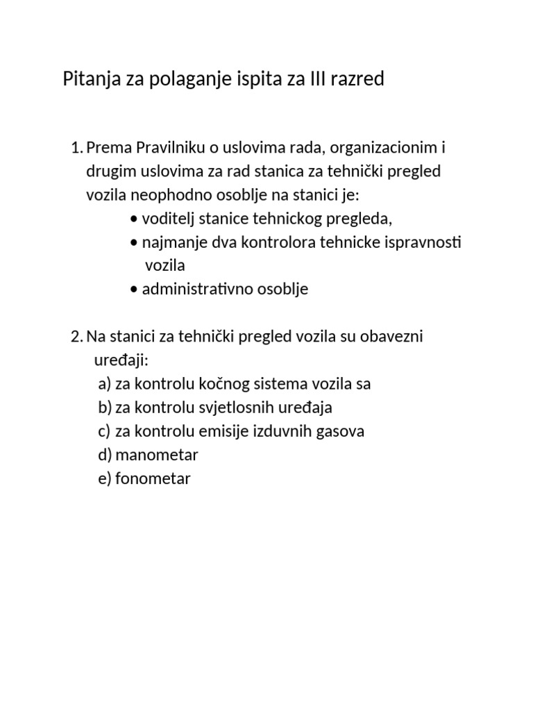 Pitanja Za Polaganje Ispita Za III Razred | PDF