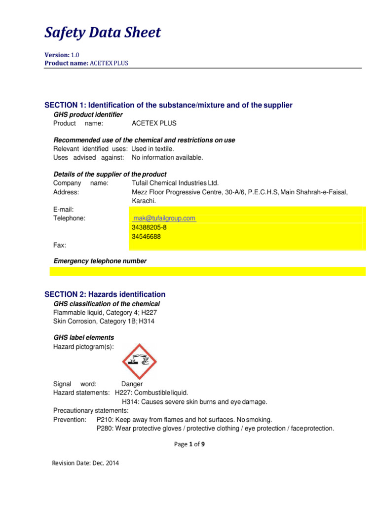 Acetex Plus 1 | PDF | Personal Protective Equipment | Toxicity