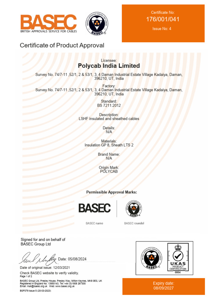 Polycab LSHF Cable Product Approval Certificate | PDF | Electrical ...
