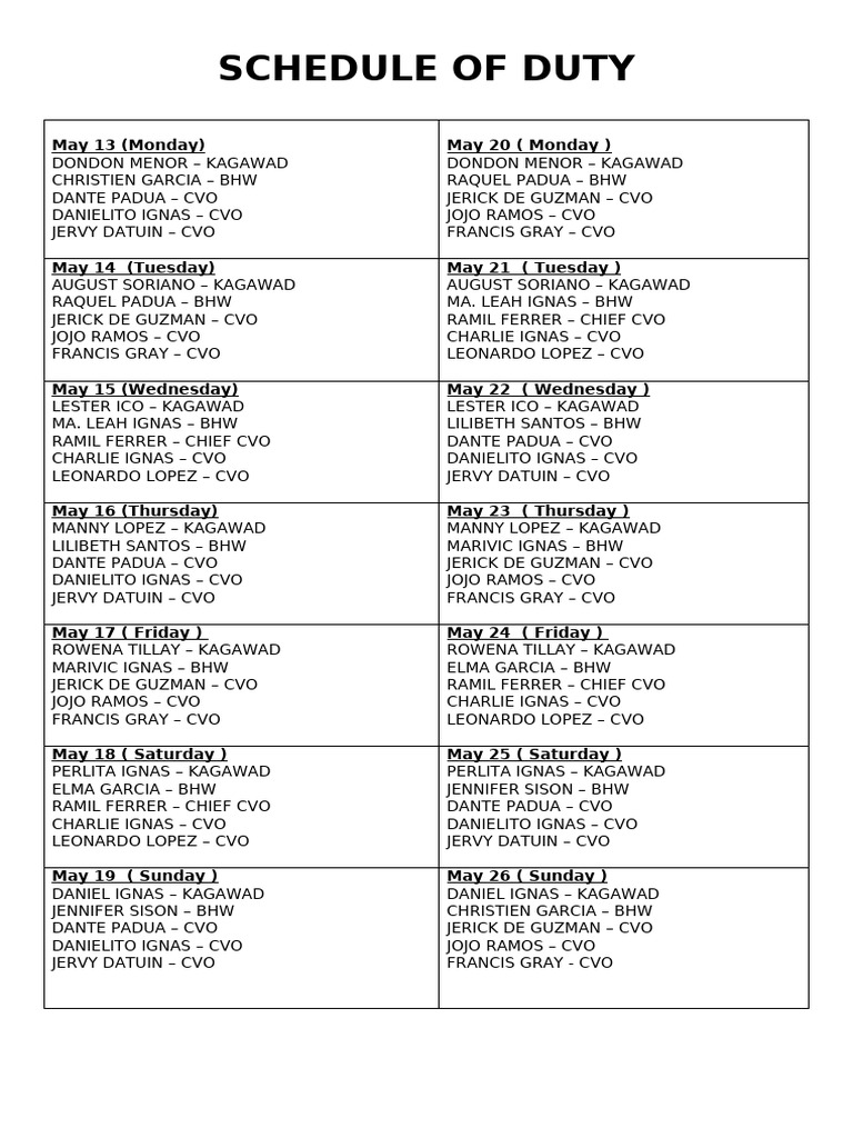 Schedule of Duty | PDF