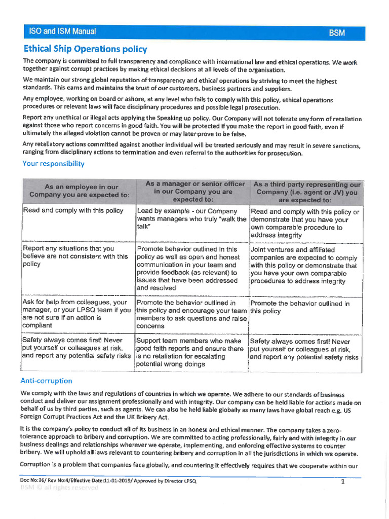 ISO Ethical Ship Operations Policy Signed | PDF