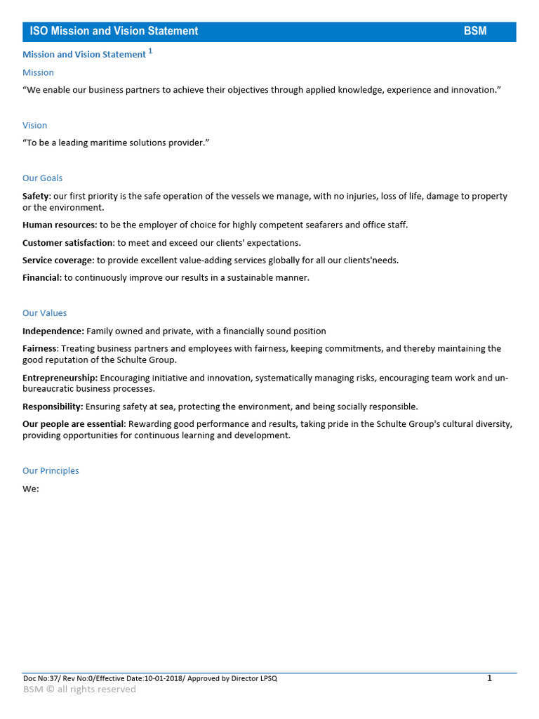 ISO Mission and Vision Statement | PDF
