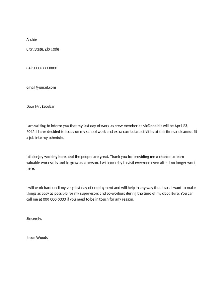 McDonald's Crew Resignation Letter | PDF