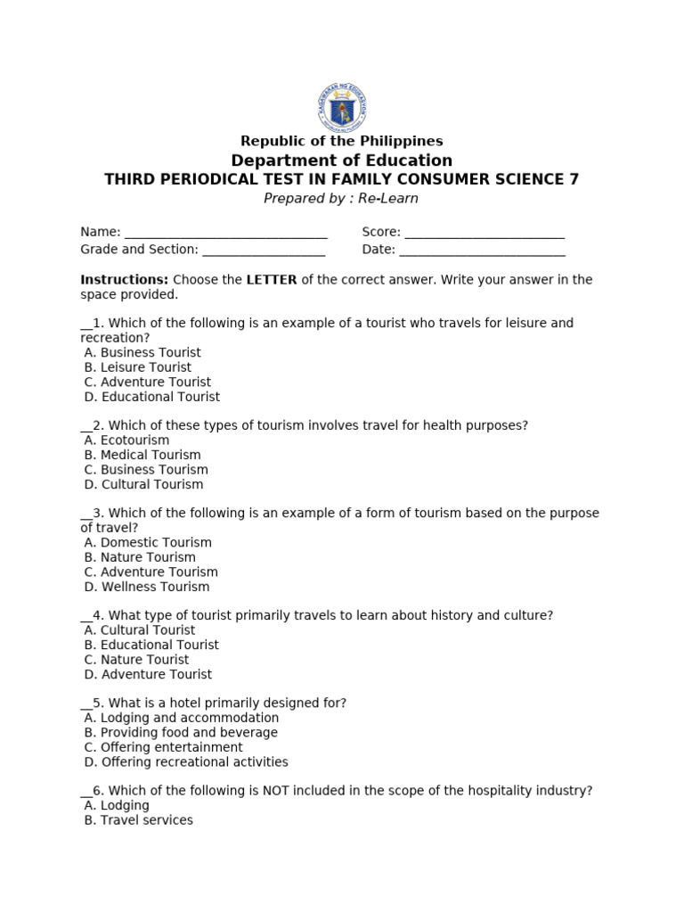 THIRD PERIODICAL TEST IN TLE - FAMILY CONSUMER SCIENCE 7 (Re-Learn ...