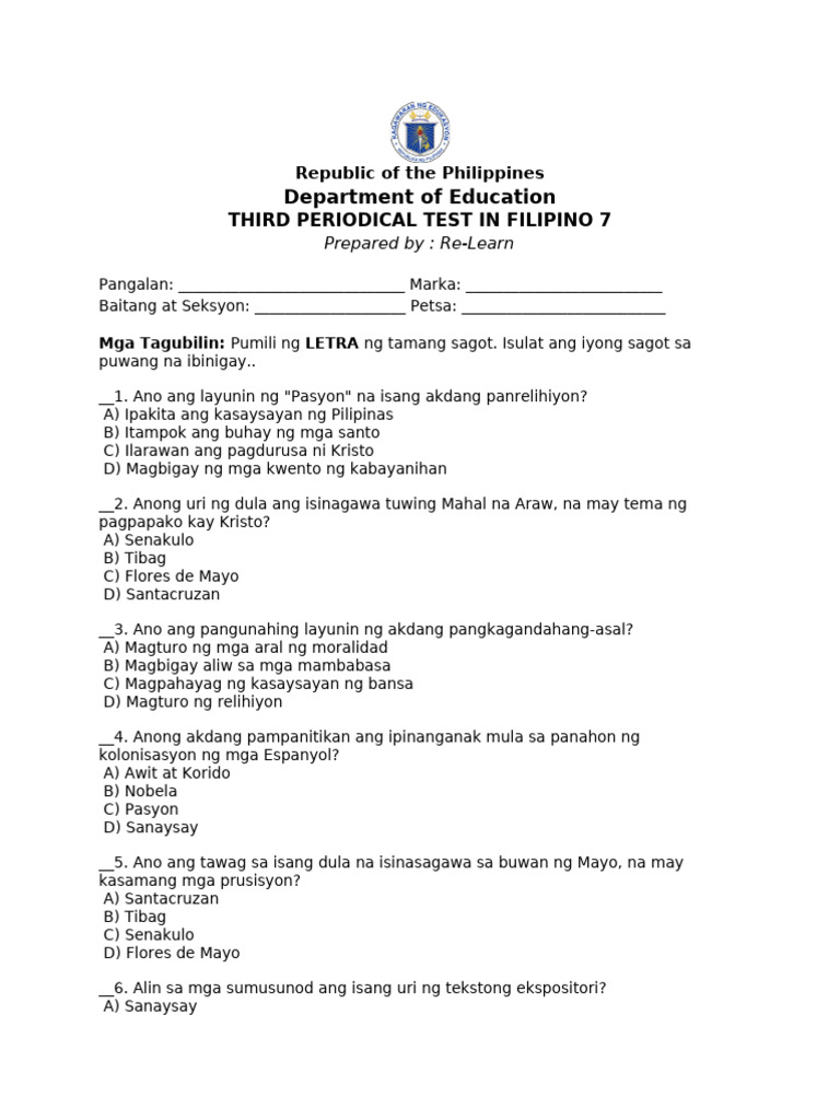 THIRD PERIODICAL TEST IN FILIPINO 7 (Re-Learn) | PDF