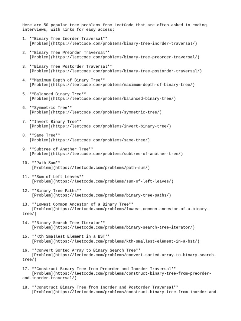 Top 50 Tree Problems for Interviews | PDF | Algorithms | Algorithms And ...