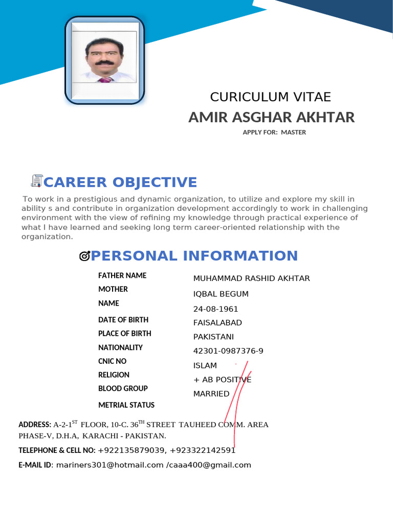 Master’s Application CV of Amir Akhtar | PDF | Merchant Navy | Water ...
