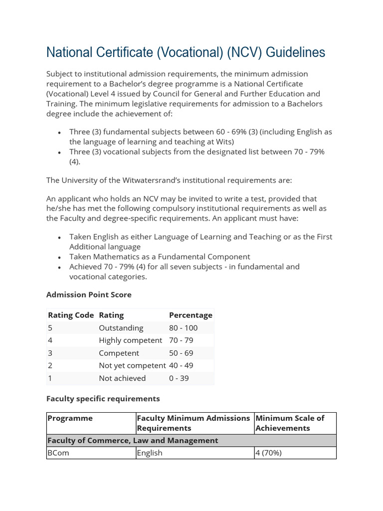 Wits - National Certificate (Vocational) (NCV) Guidelines | PDF ...