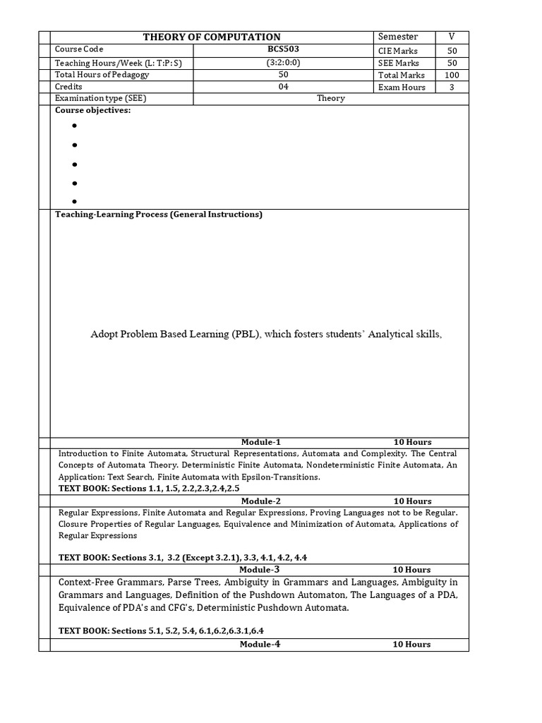 BCS503_ THEORY OF COMPUTATION_SYLLABUS | PDF | Automata Theory | Regular Expression