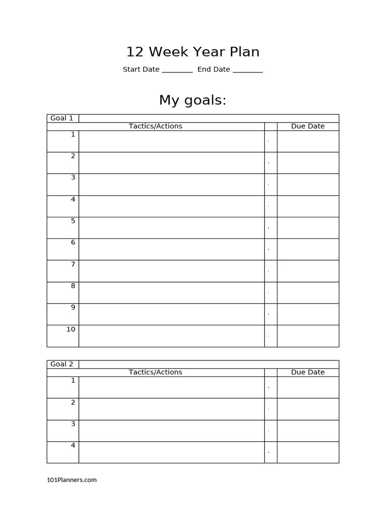 12 Week Goals Template | PDF