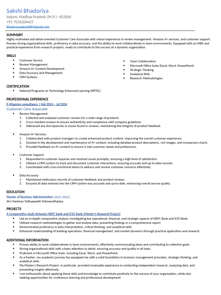 Sakshi Bhadoriya (RESUME) | PDF | Customer Relationship Management | Data