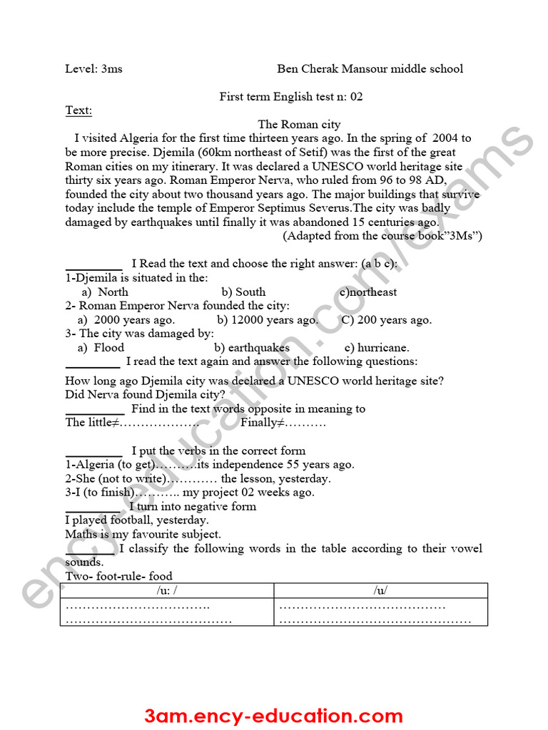 Dzexams 3am Anglais t1 20180 698876 | PDF | Languages | Foreign ...