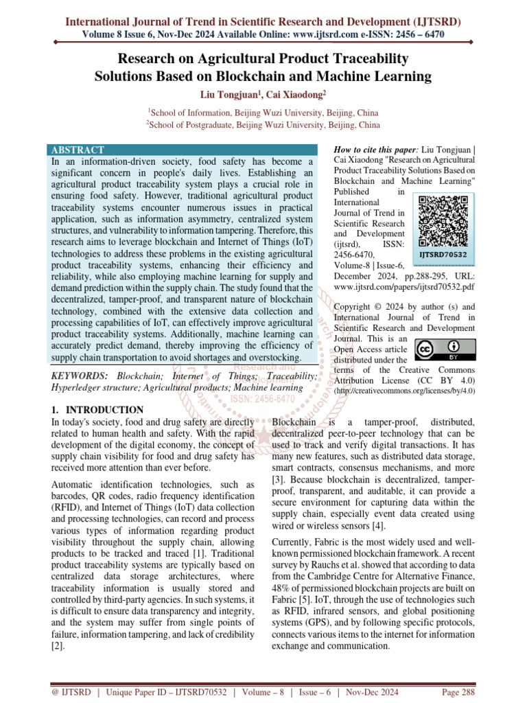 Research On Agricultural Product Traceability Solutions Based On Blockchain and Machine Learning ...