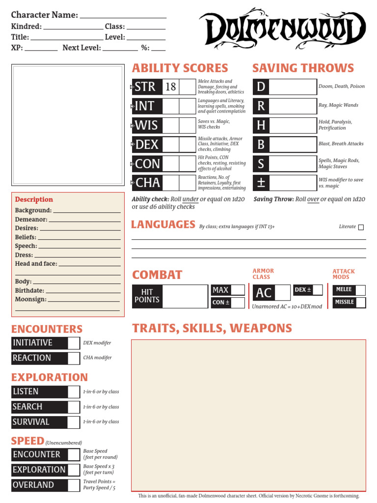 Dolmenwood Unofficial Character Sheet-Fillable-v.1 | PDF | Gaming ...