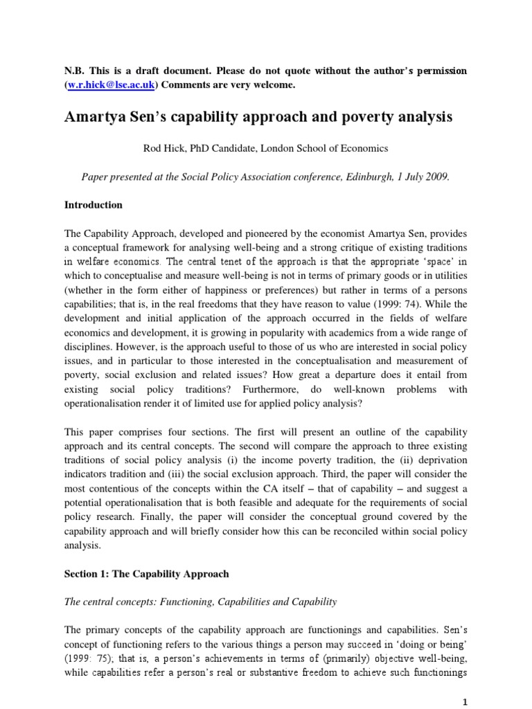Amartya Sen's Capability Approach and Poverty Analysis | PDF | Poverty ...