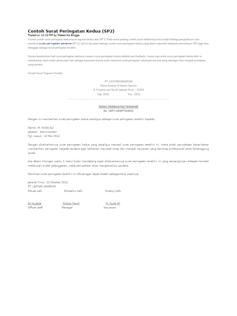 Contoh Surat Peringatan Kedua (SP2) | PDF