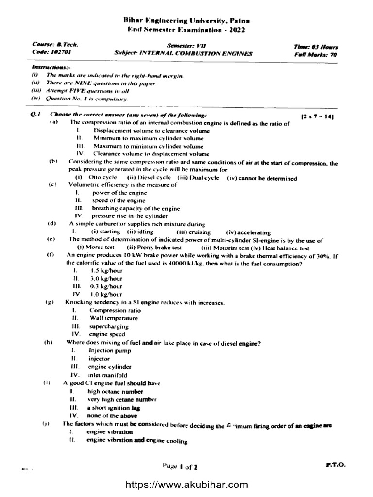 Btech 7 Sem Internal Combustion Engines 102701 2022 | PDF