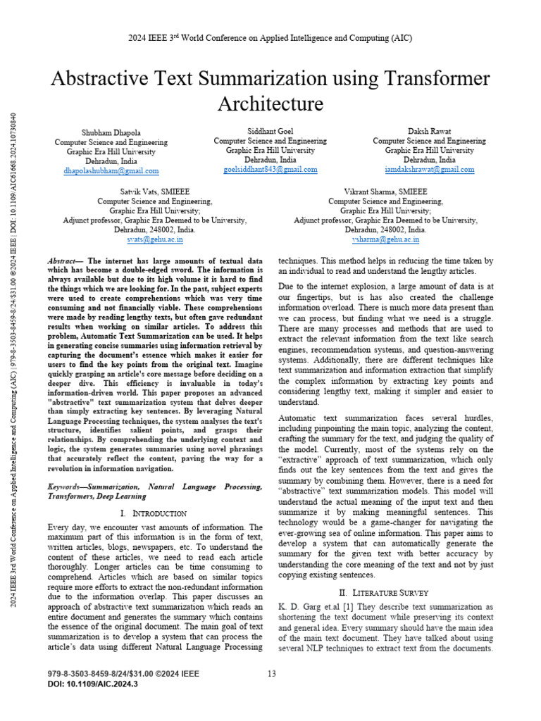 Abstractive Text Summarization Using Transformer Architecture Pdf