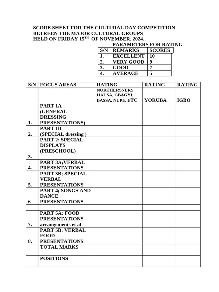 Cultural Day Competition Score Sheet | PDF