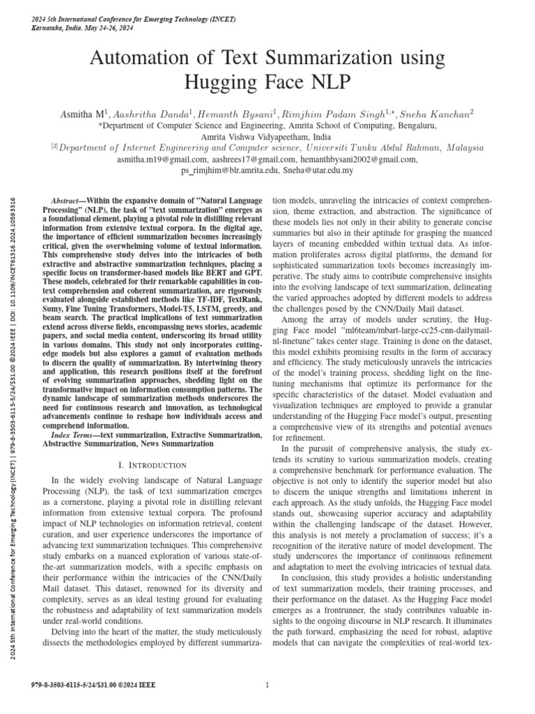 Automation of Text Summarization Using Hugging Face NLP | PDF | Artificial Intelligence ...