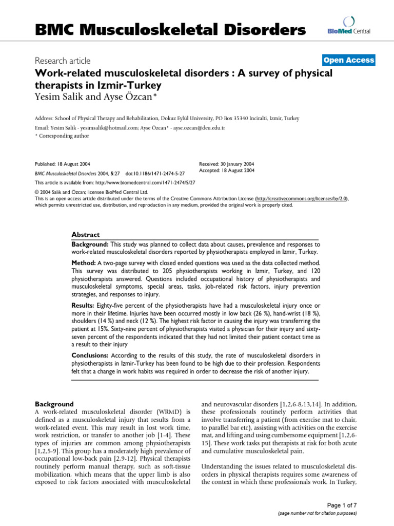 Work Related Musculoskeletal Disorders A Survey of Physical | PDF ...