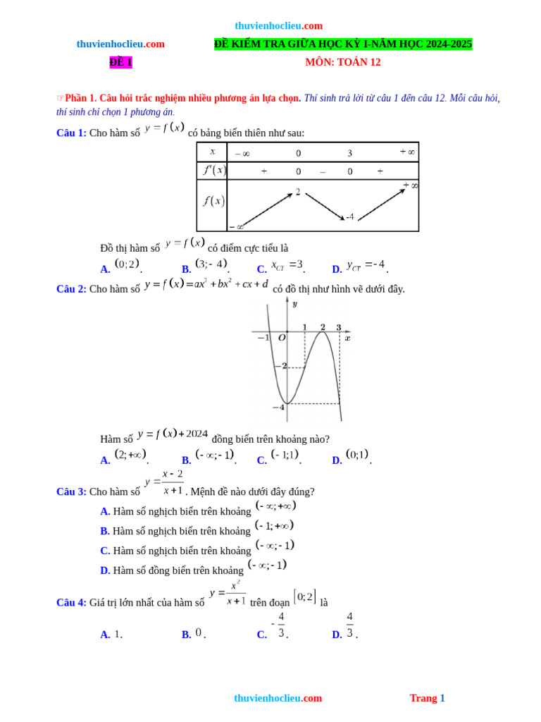 10 de Kiem Tra Giua HK1 Toan 12 CTM Giai Chi Tiet | PDF